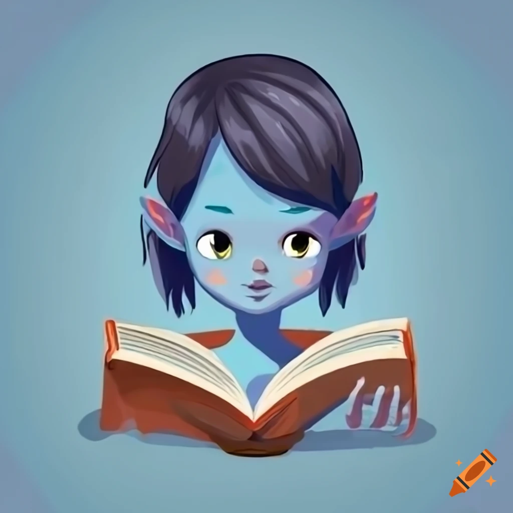 Avatar girl with blue skin and short hair reads a book on Craiyon