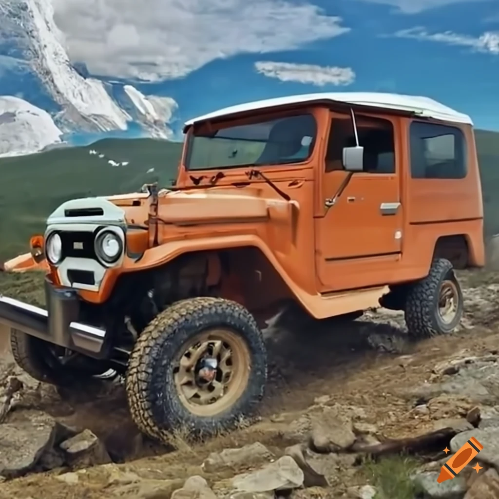 Orange toyota fj40 offroading in the mountains on Craiyon