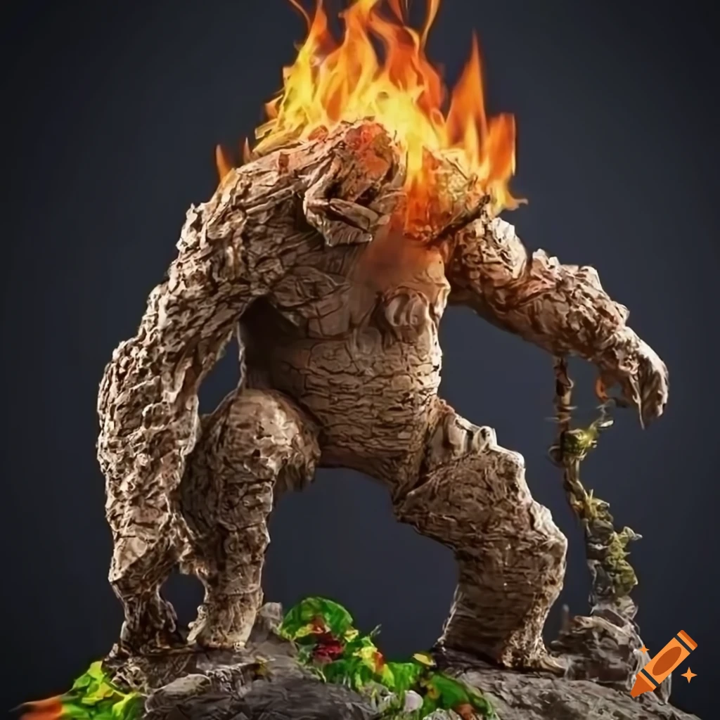 A realistic mountain golem with a burning bush for a head made of rocks ...