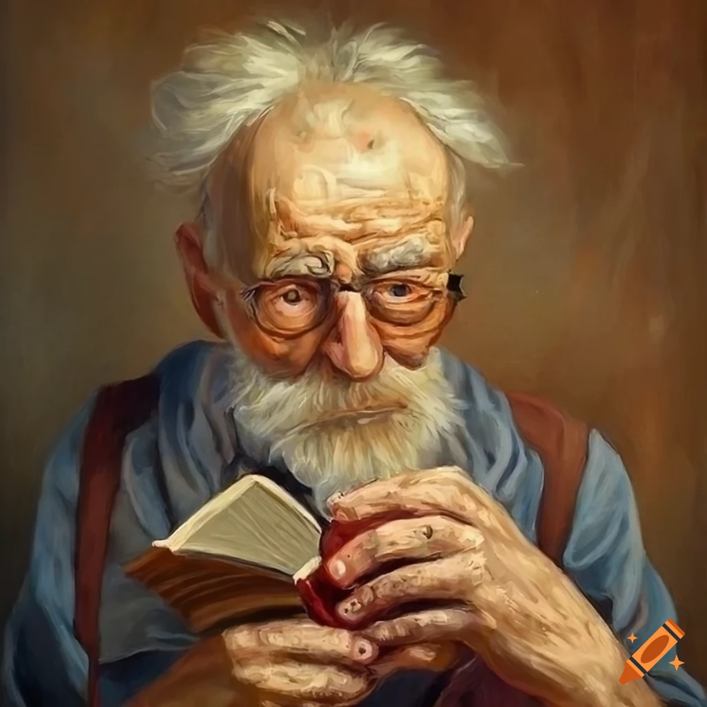 A very old man reading a book, detailed oil painting, extreme wide shot ...