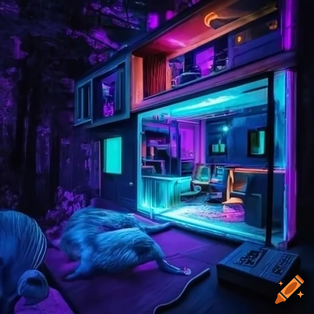 A cyberpunk style tiny house for a mice family on Craiyon