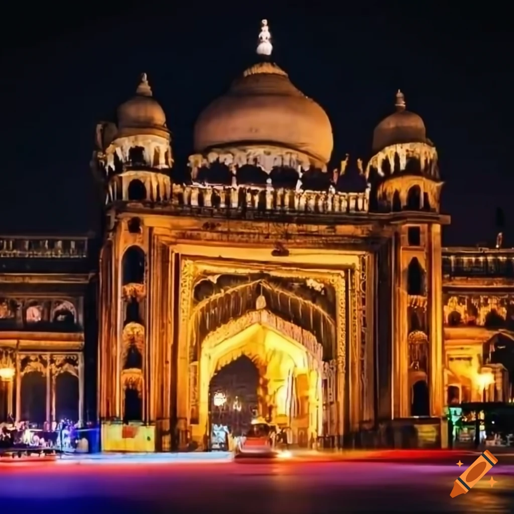 Streets of lucknow at night with illuminated buildings on Craiyon