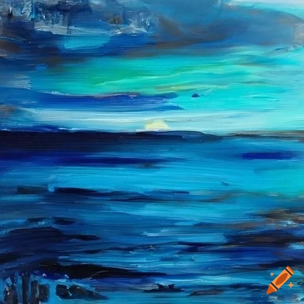 Blue expressionist oil painting of the ocean