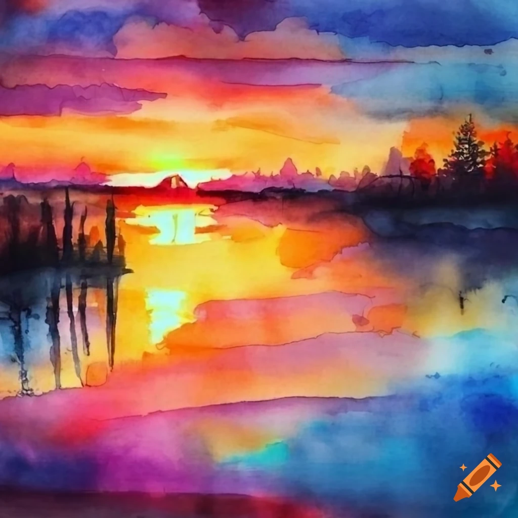 Watercolor painting of a picturesque sunset over a lake on Craiyon
