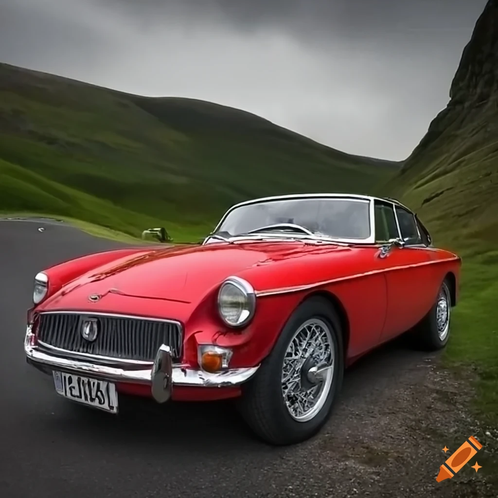 A red mgb gt on a scottish road trip on Craiyon