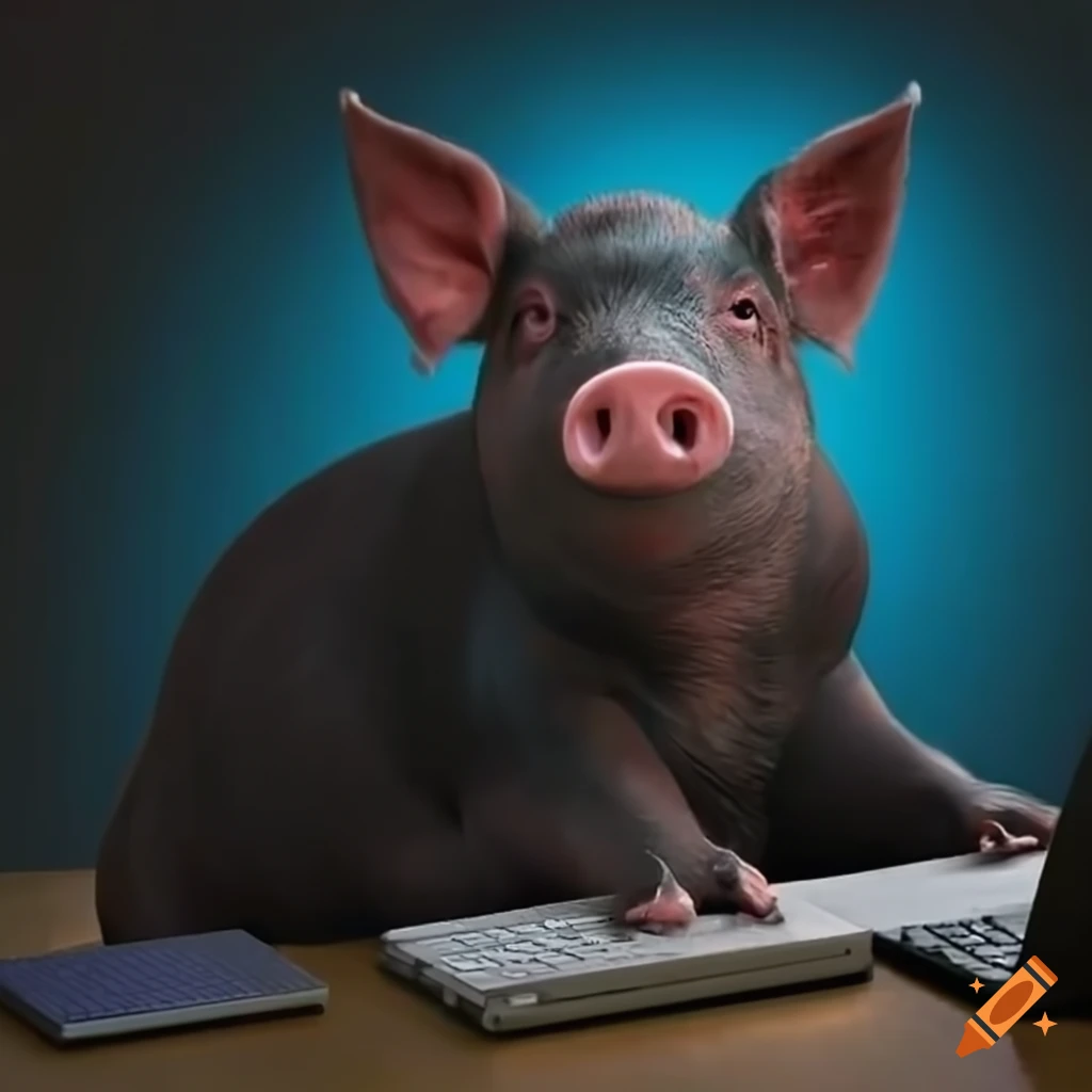 A black pig working at a computer in an office on Craiyon