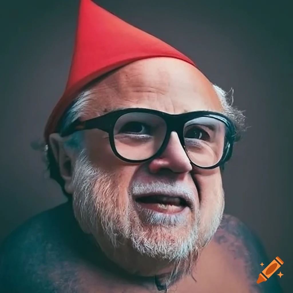 Danny Devito with a white beard wearing a red pointy hat on Craiyon