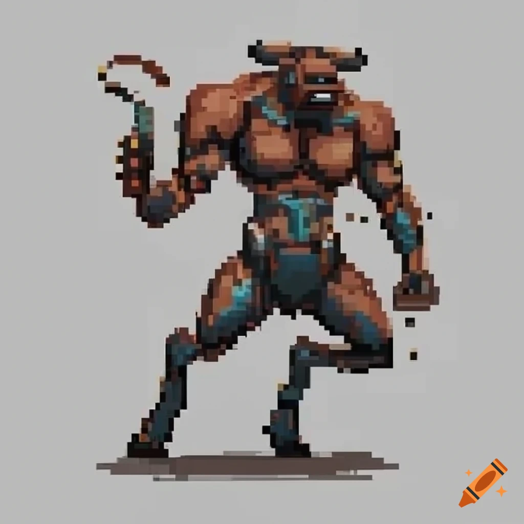 A detailed pixel art of futuristic minotaur bright colours with full ...