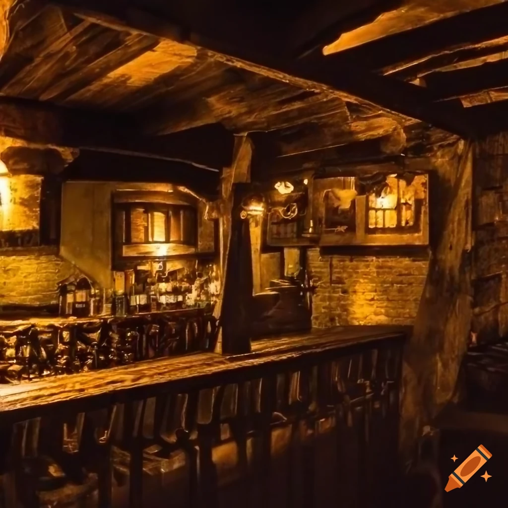 A warmly lit medieval tavern/bar