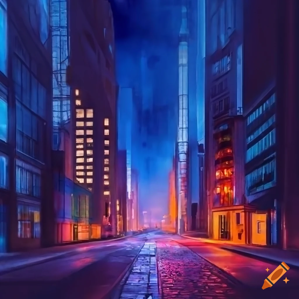 Stained glassstyle, night time empty inner city street scape, in blue ...