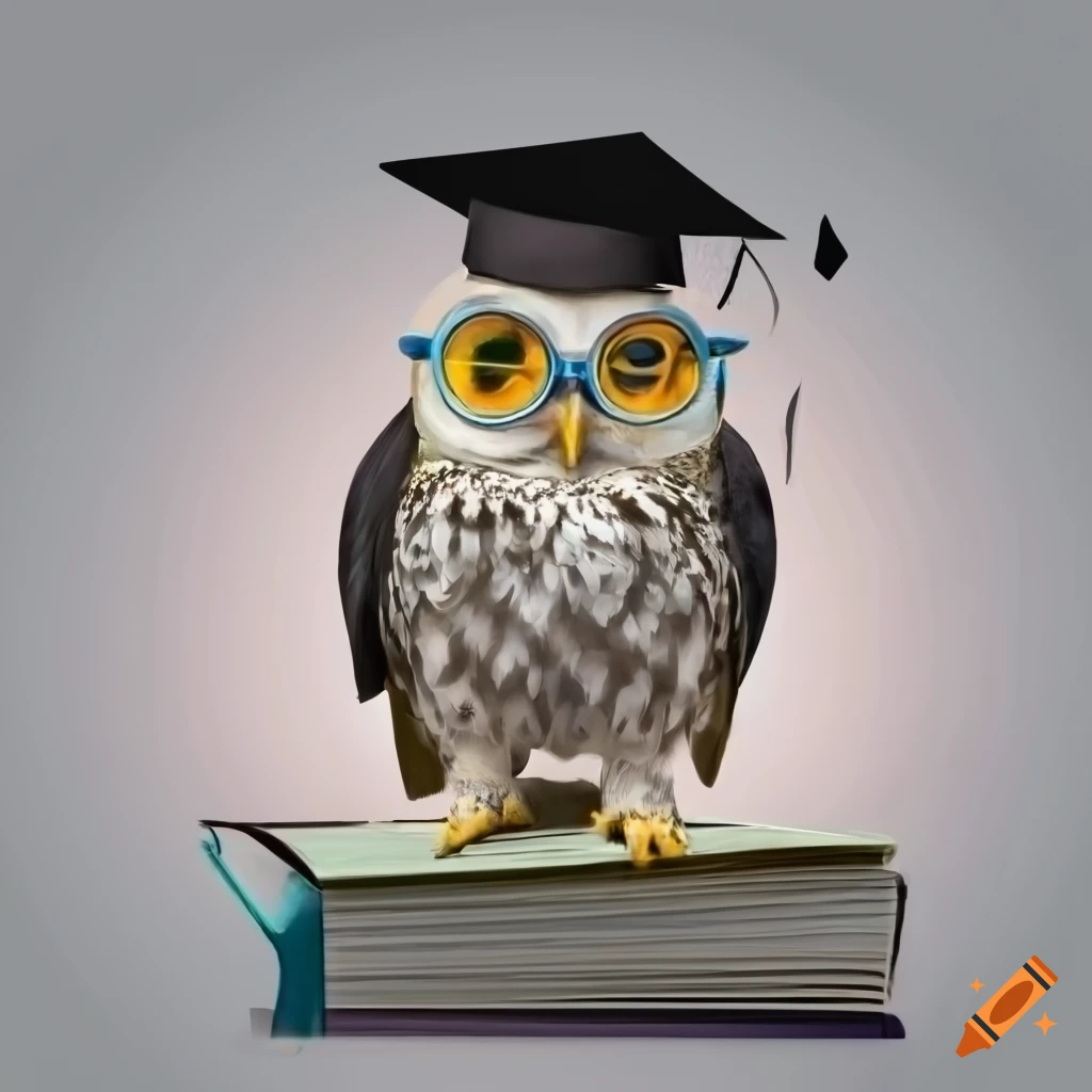 Owl with glasses standing on a book and wearing a graduation cap on a ...