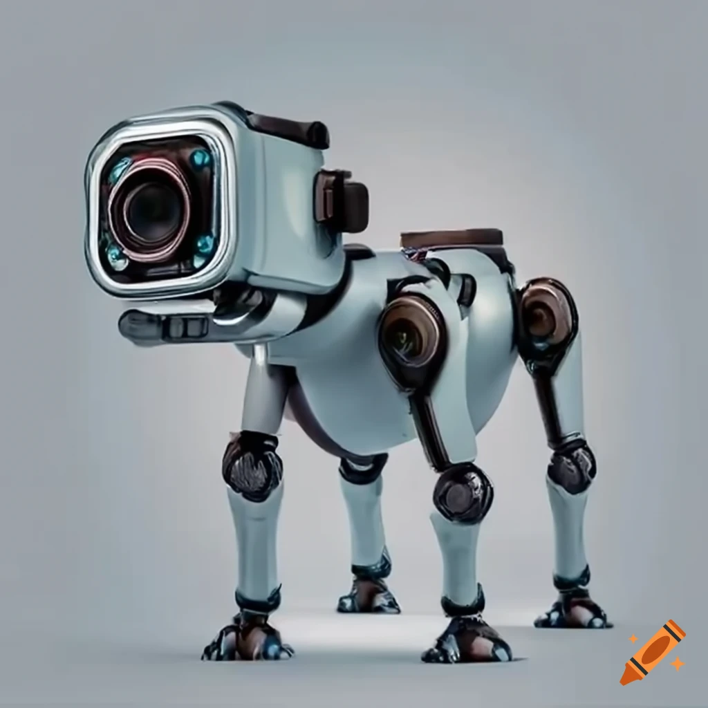 Robotic cecurity bulldog with cameras with a white background