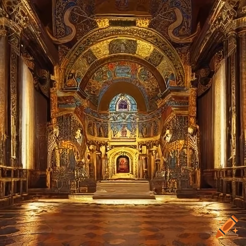 Luxurious Byzantine throne room, decorated with gold, mosaic and Christian motifs on Craiyon