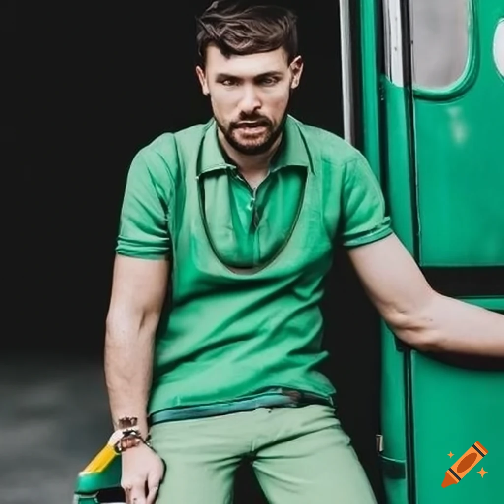 Handsome bus driver dressed in green and grey