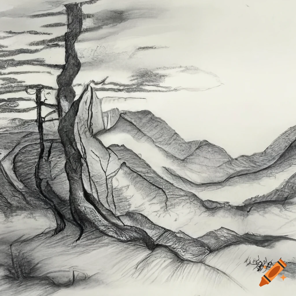 Meditation, overlapping korean mountains, some trees and 3d, gogh, ink ...