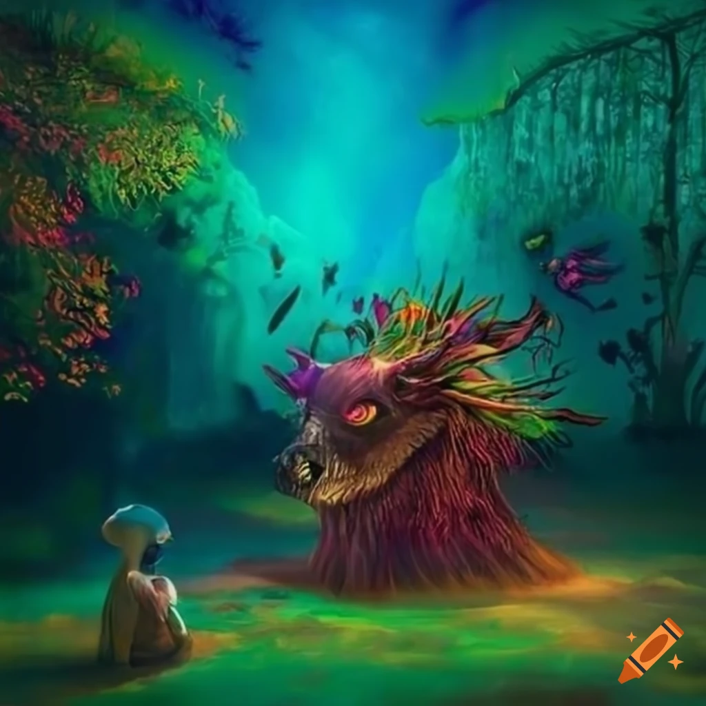 A vibrant landscape with surreal anthropomorphic creatures