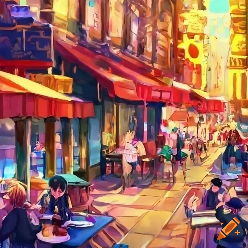 A colorful painting of a bustling cafe scene with people on Craiyon