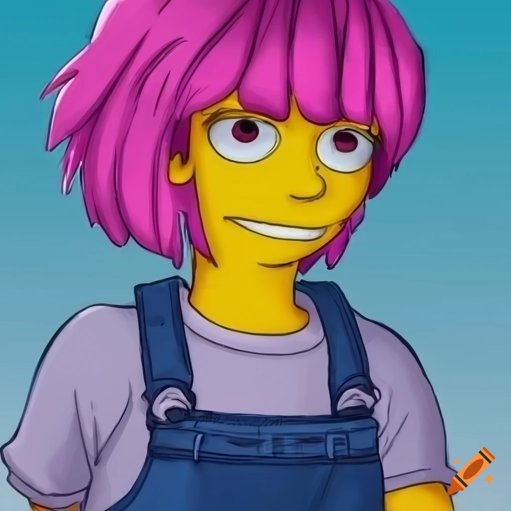 White girl with Magenta Hair, in a Bob Hairstyle, Wearing Blue Overalls ...