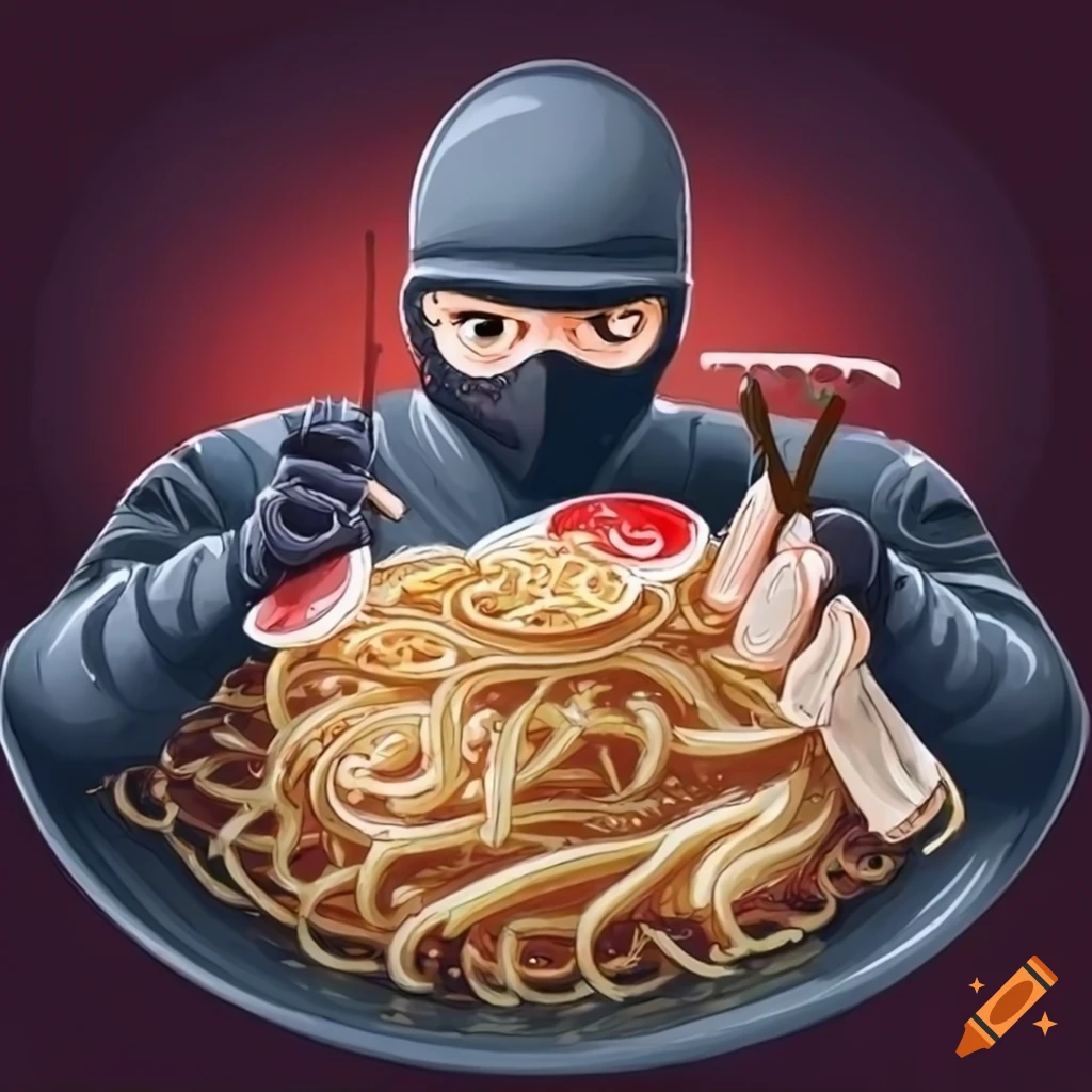 Highly detailed illustration of a ninja eating ramen