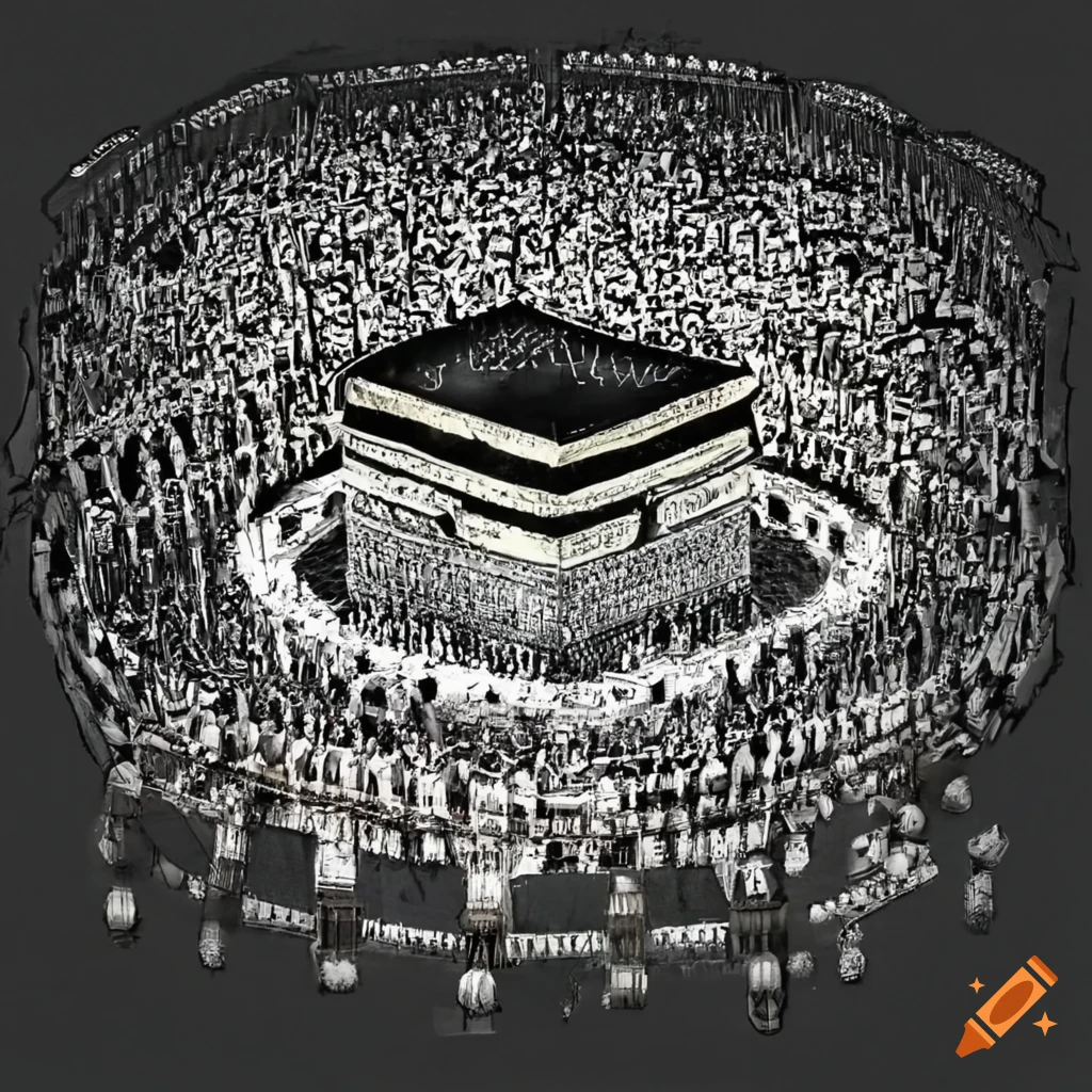 Aerial view of the Kaaba and pilgrims during Hajj on Craiyon