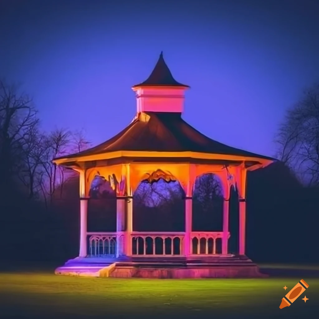 Professional objects photography gazebo in a park, vivid colors, night ...