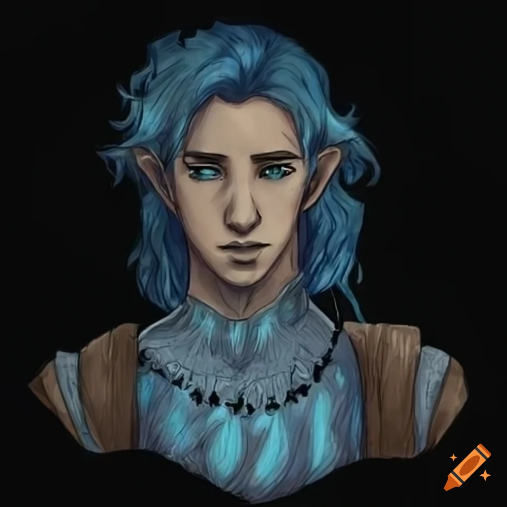 Male aasimar, ash hair, iridescent green eyes, light blue flame ghostly ...