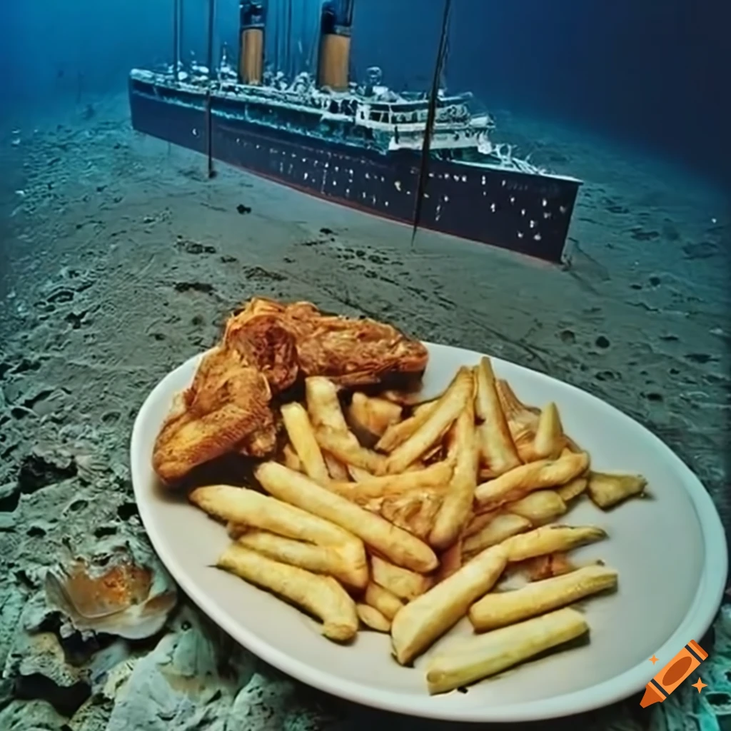 Plate of fish and chips next to the titanic wreckage
