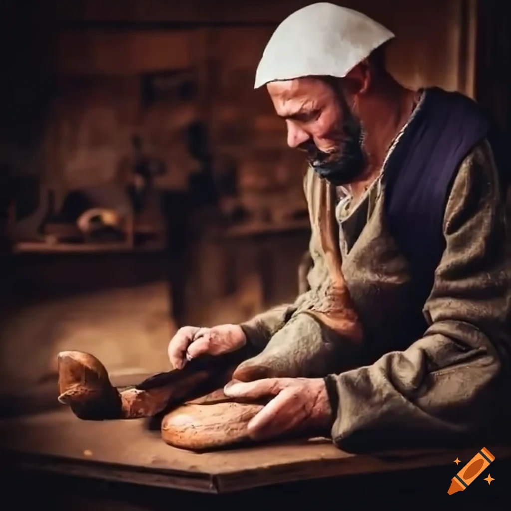 Medieval cobbler making shoes by hand in his workshop on Craiyon