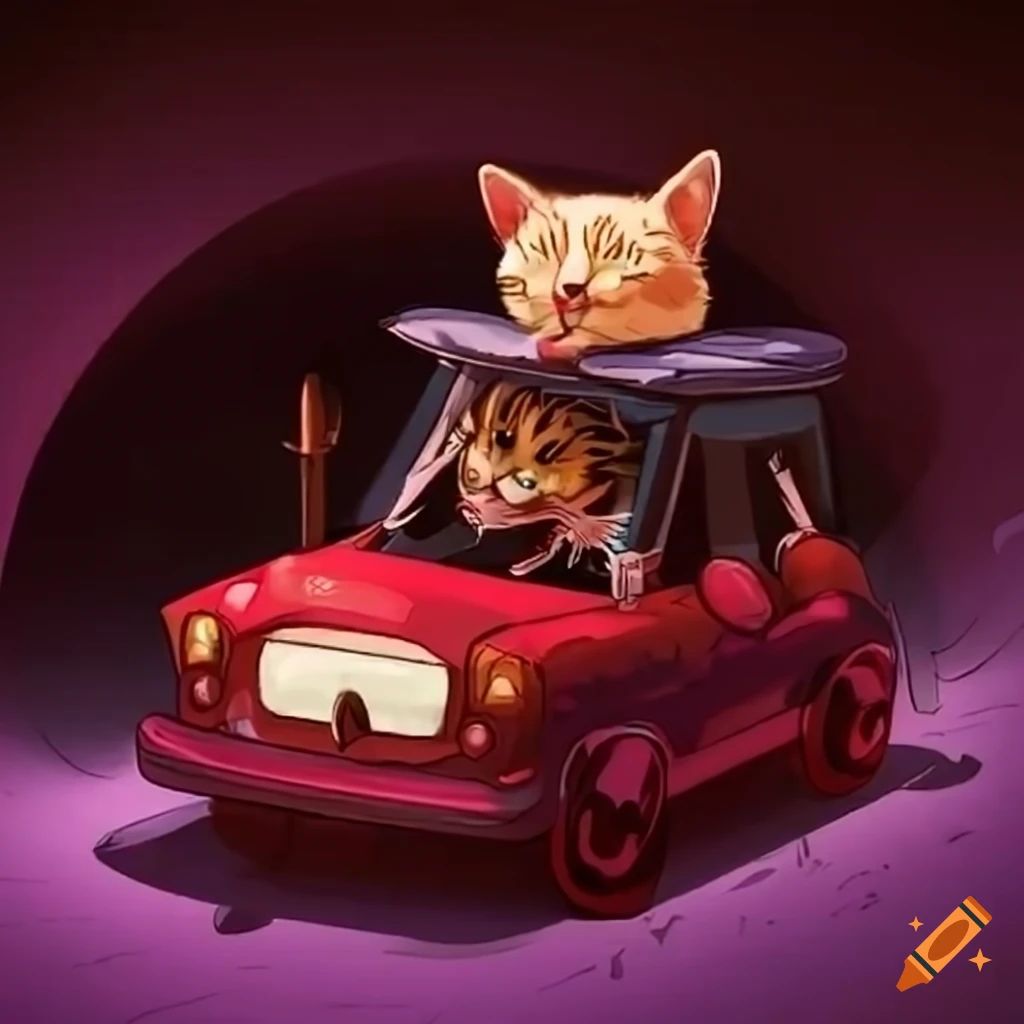 Cat driving car in anime on Craiyon