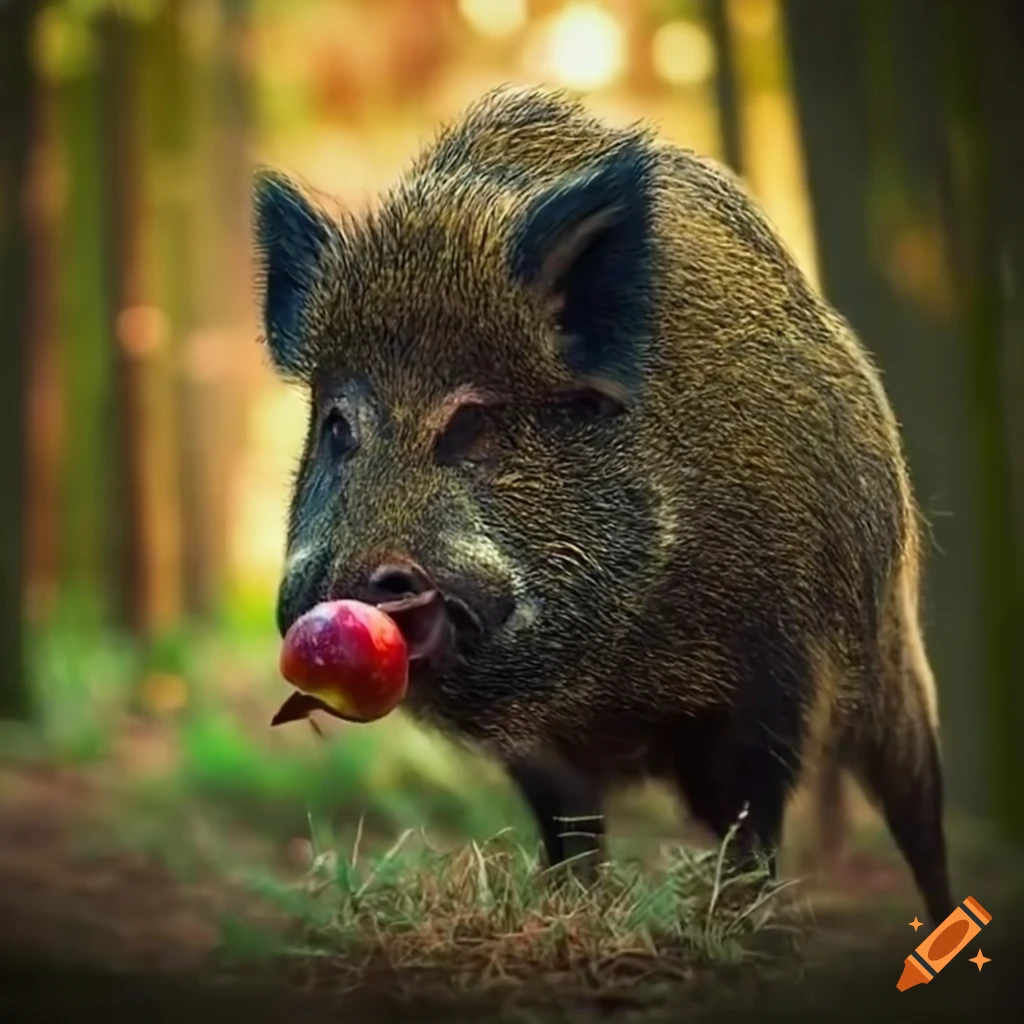 Boar in the forest eating a red apple on Craiyon