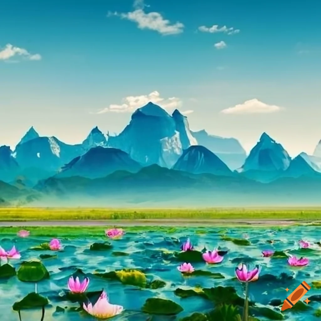 Lotus field blue sky mountain trees on Craiyon