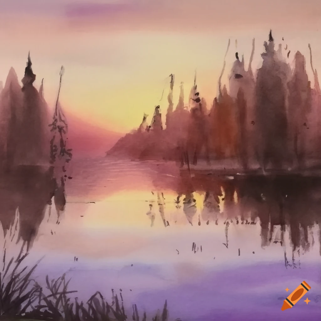 Watercolor in pastel of a lake landscape, dann, bright water, reflections, sundown on Craiyon