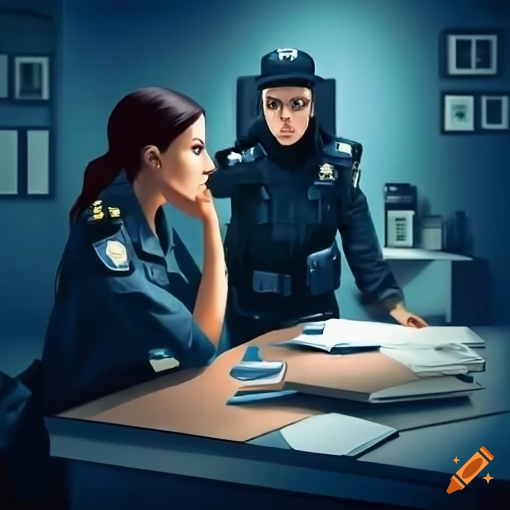 A female police officer interrogating a suspect in an office cabin with ...