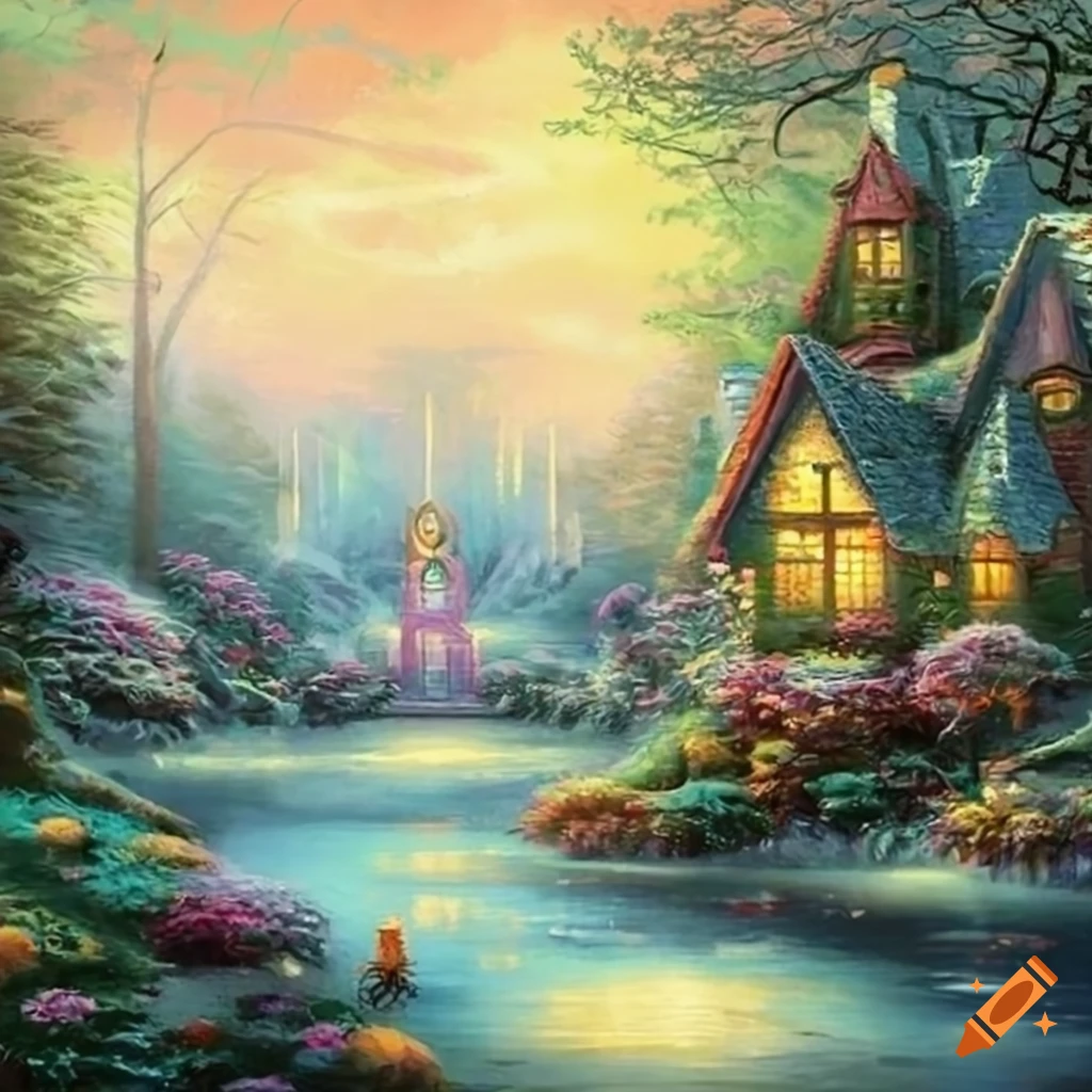 Fairy woodland scene in the style of thomas kinkade