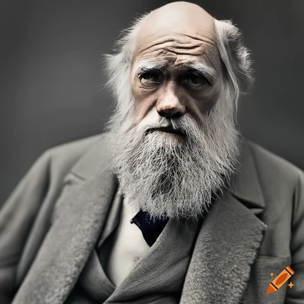 Portrait of charles darwin with a white beard and a labcoat on Craiyon