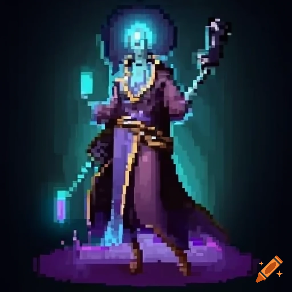 A detailed pixel art of tech mage with bright colours with full body on ...