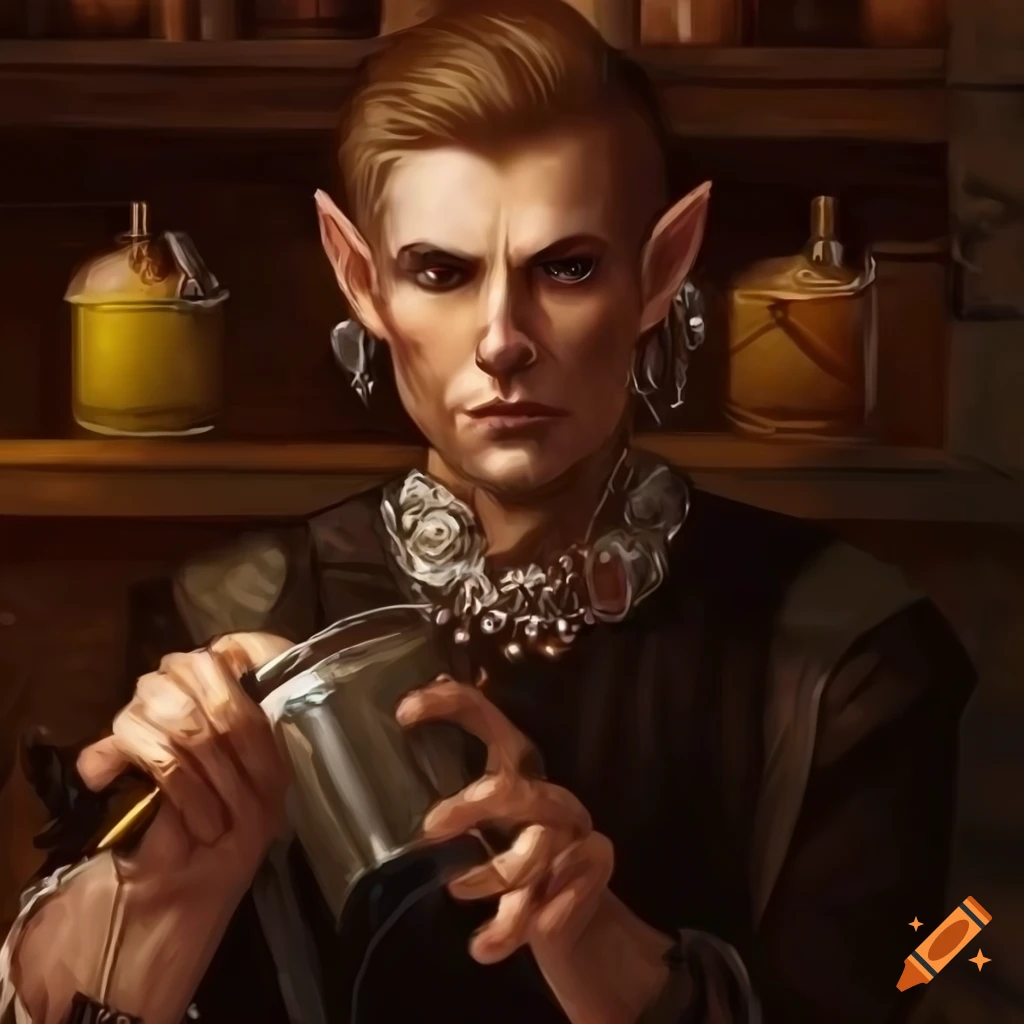 Portrait of a male half-elf bartender drying up metal tankards in a ...