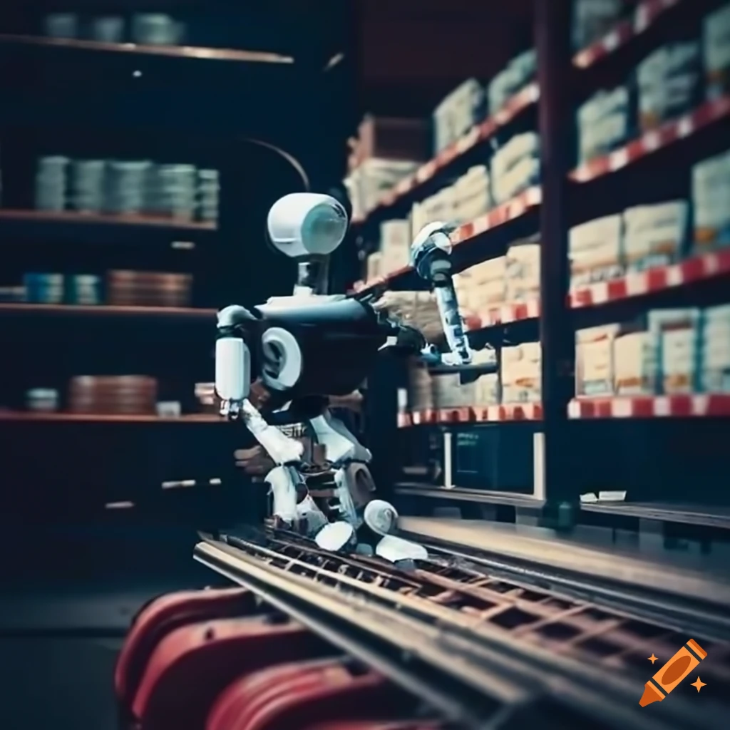 Robot on rails storing products in the warehouse in a pharmacy on Craiyon