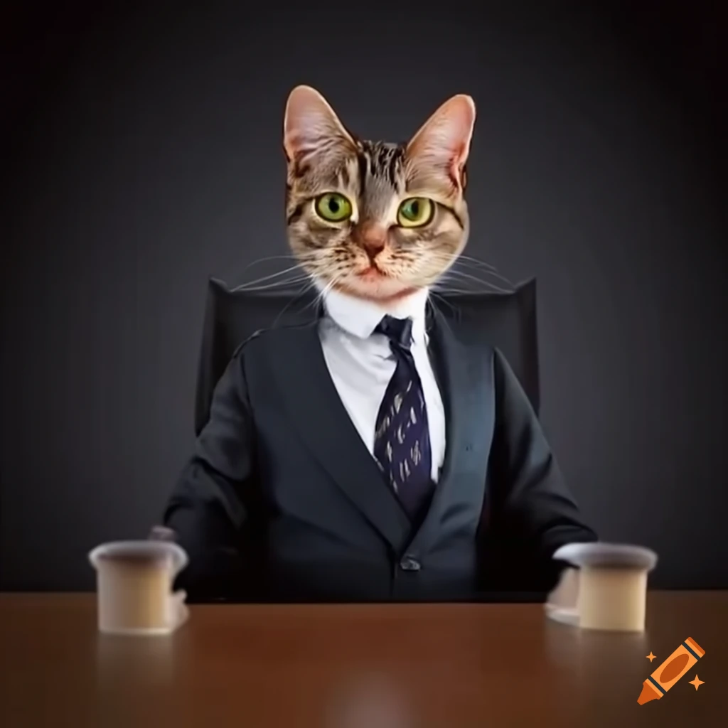 Cats in suits having a serious discussion at a conference table