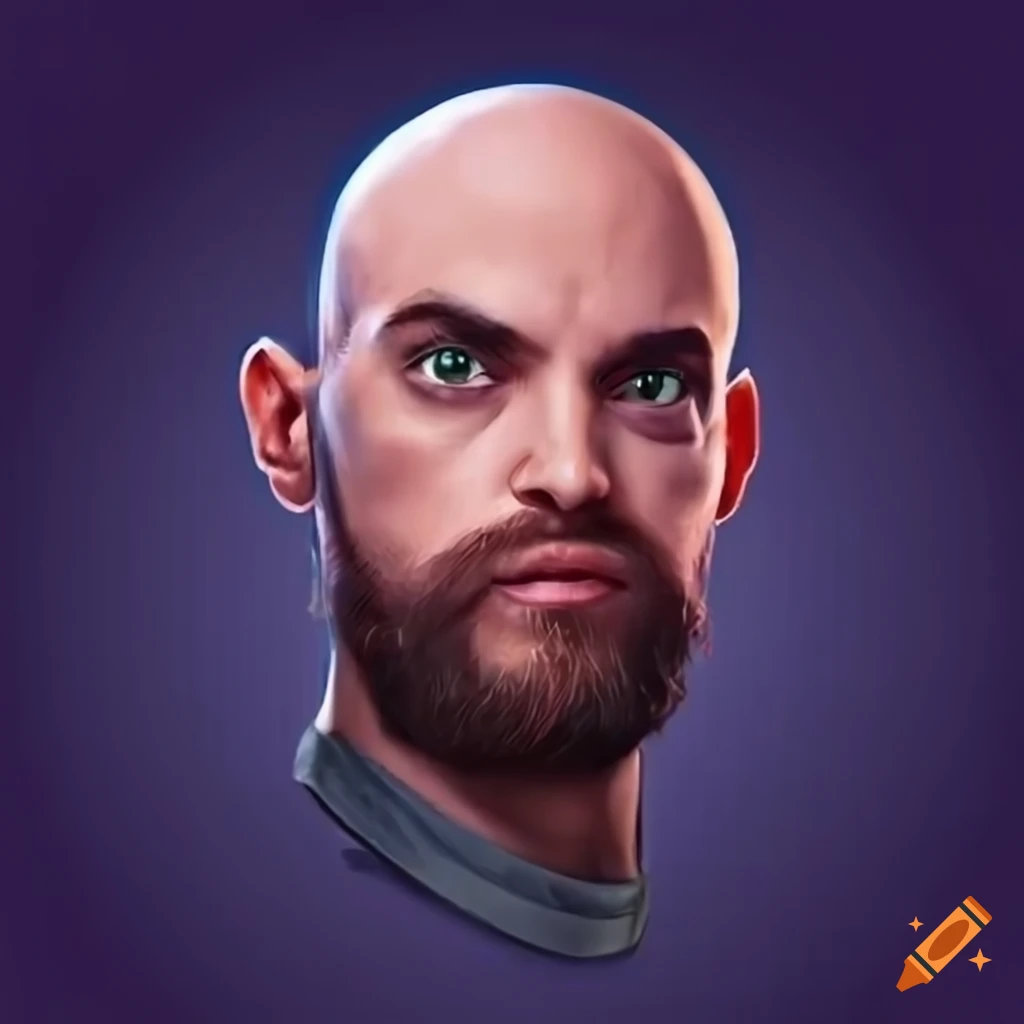 Twitch game streamer profile picture, bald man with beard