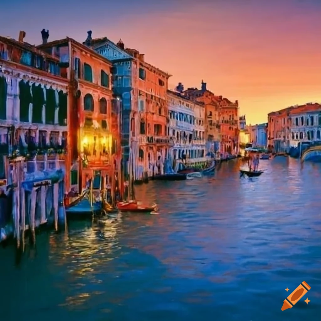 The rialto bridge in venice in italy where gondols sail painted by ...