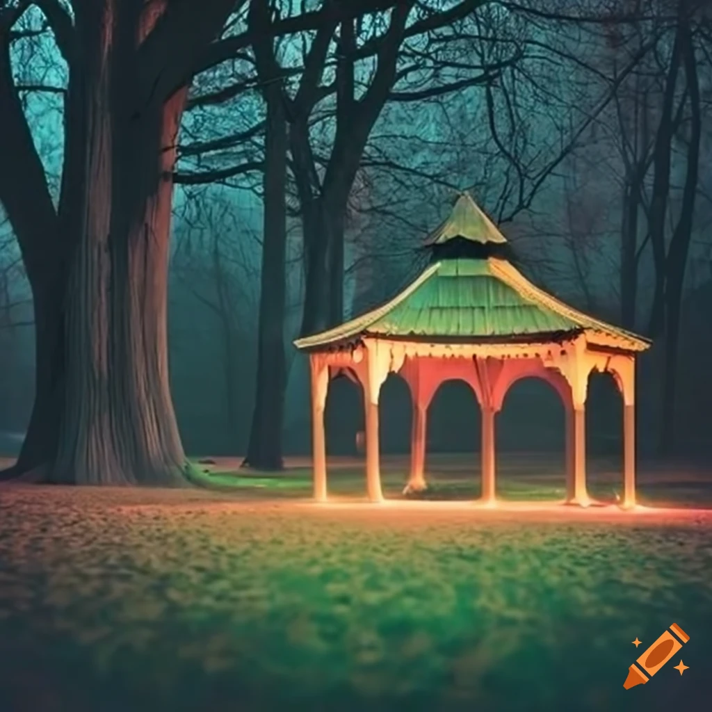 Professional objects photography gazebo in a park, vivid colors, night ...