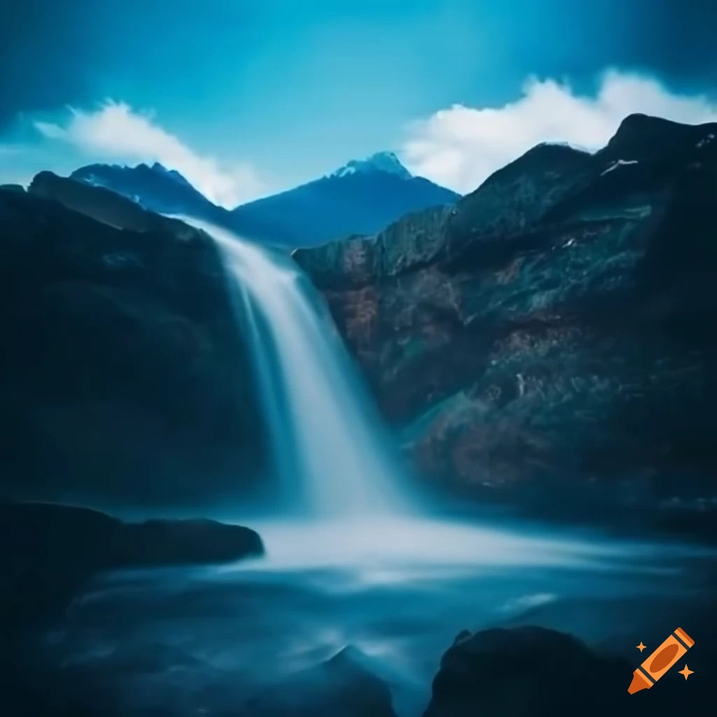 Endless water flowing down a mountain with the sky behind it on Craiyon