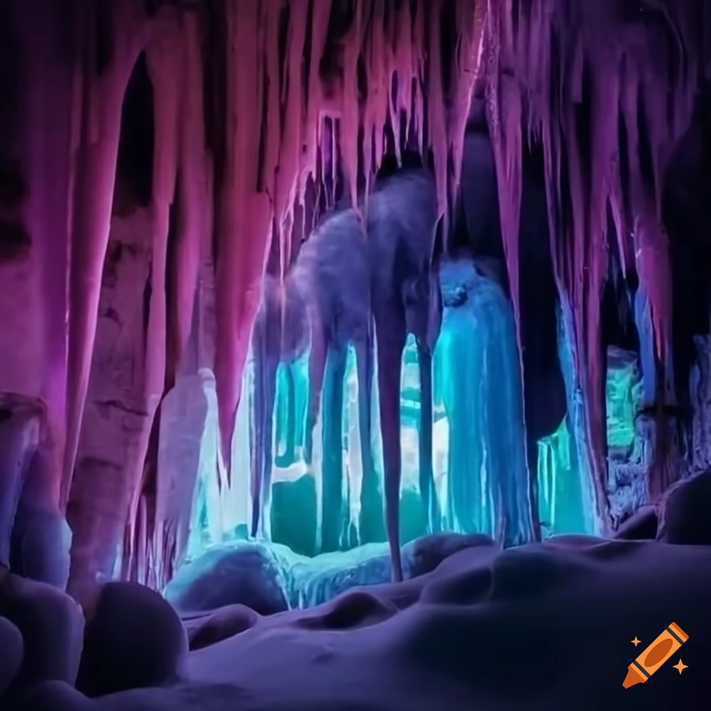 The inside of a small frozen cavern with rainbow icicles, snow, flags ...