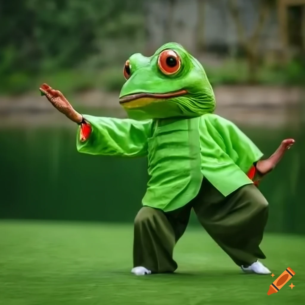 Old master frog practicing tai chi in a traditional chinese martial ...