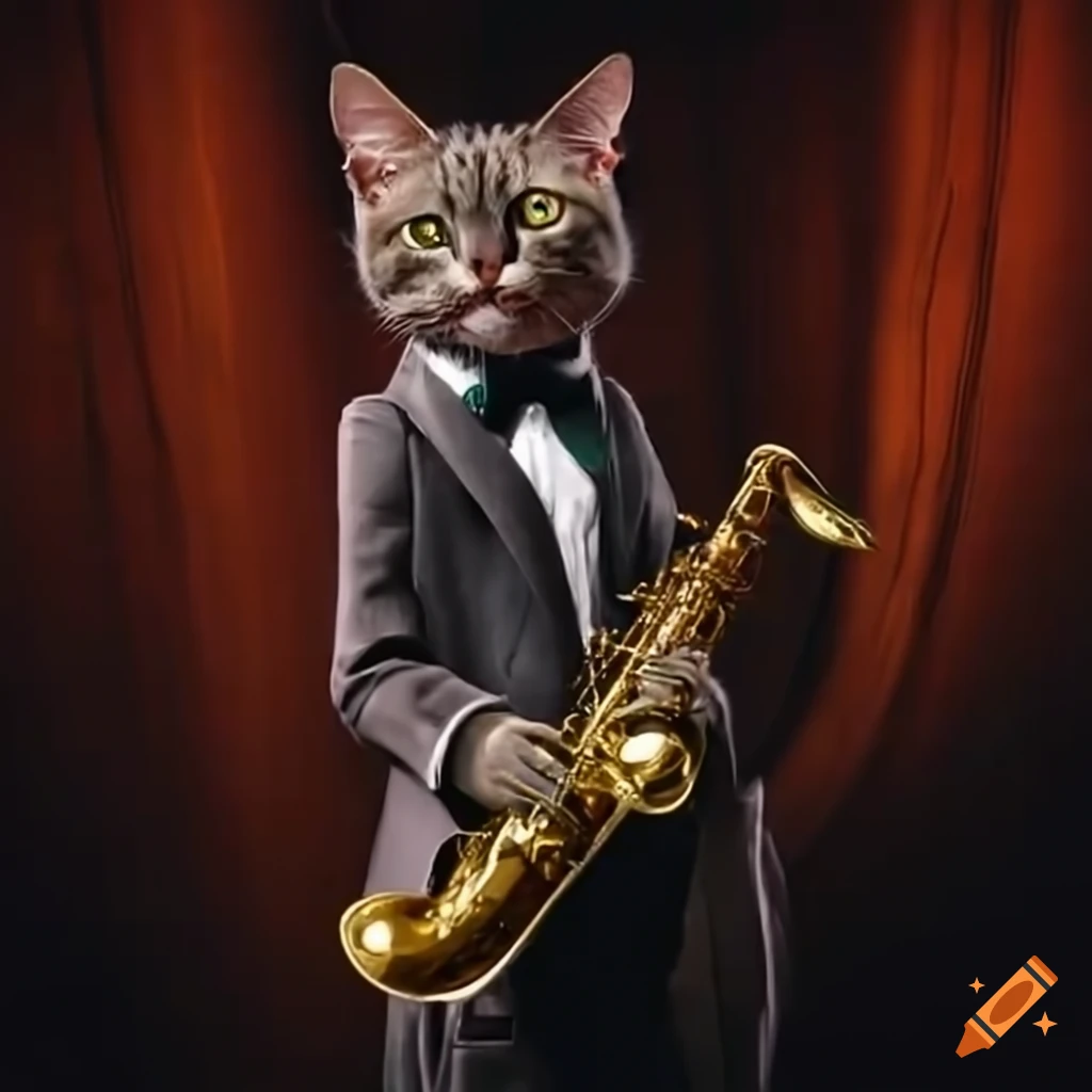 Cat in a suit playing a saxophone in a dimed stage
