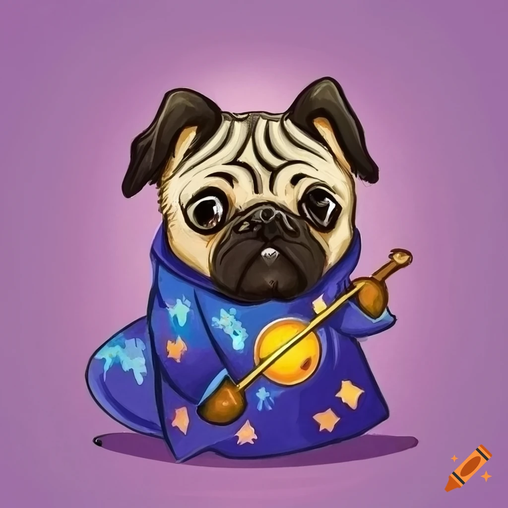 Kawai illustration of a wizard pug