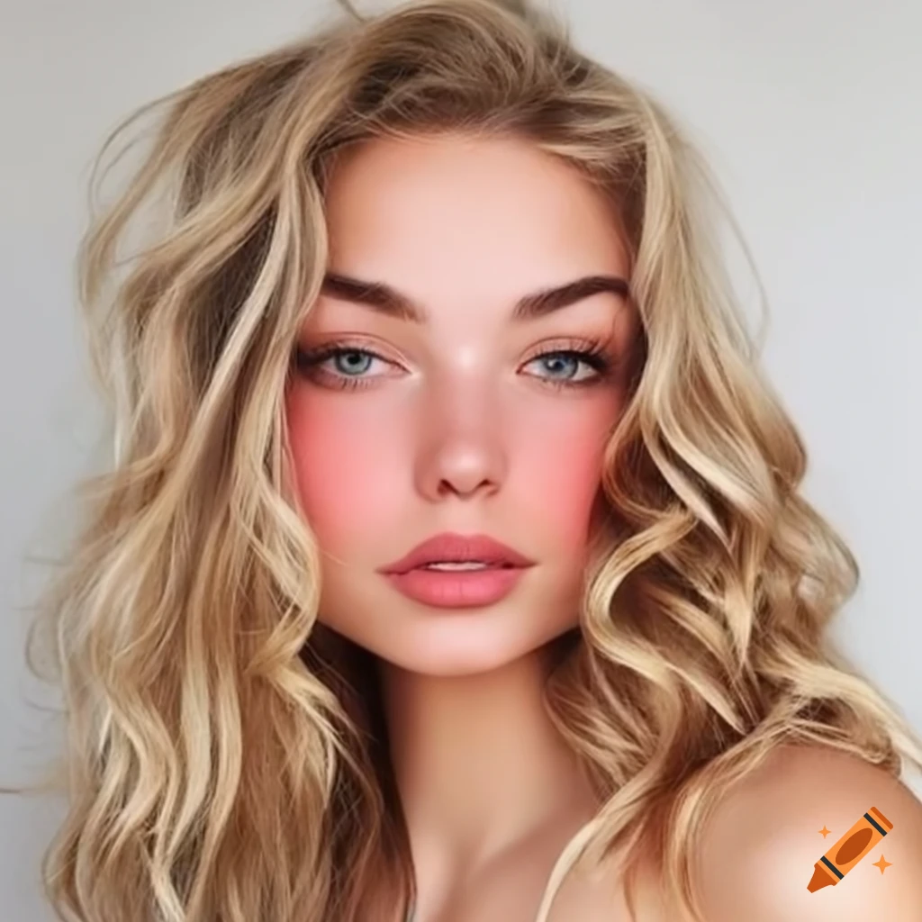 Stunning young woman, blush face, blonde wavy hair on Craiyon