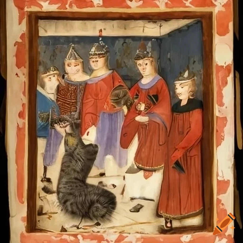Medieval painting of cats dressed in clothes on Craiyon