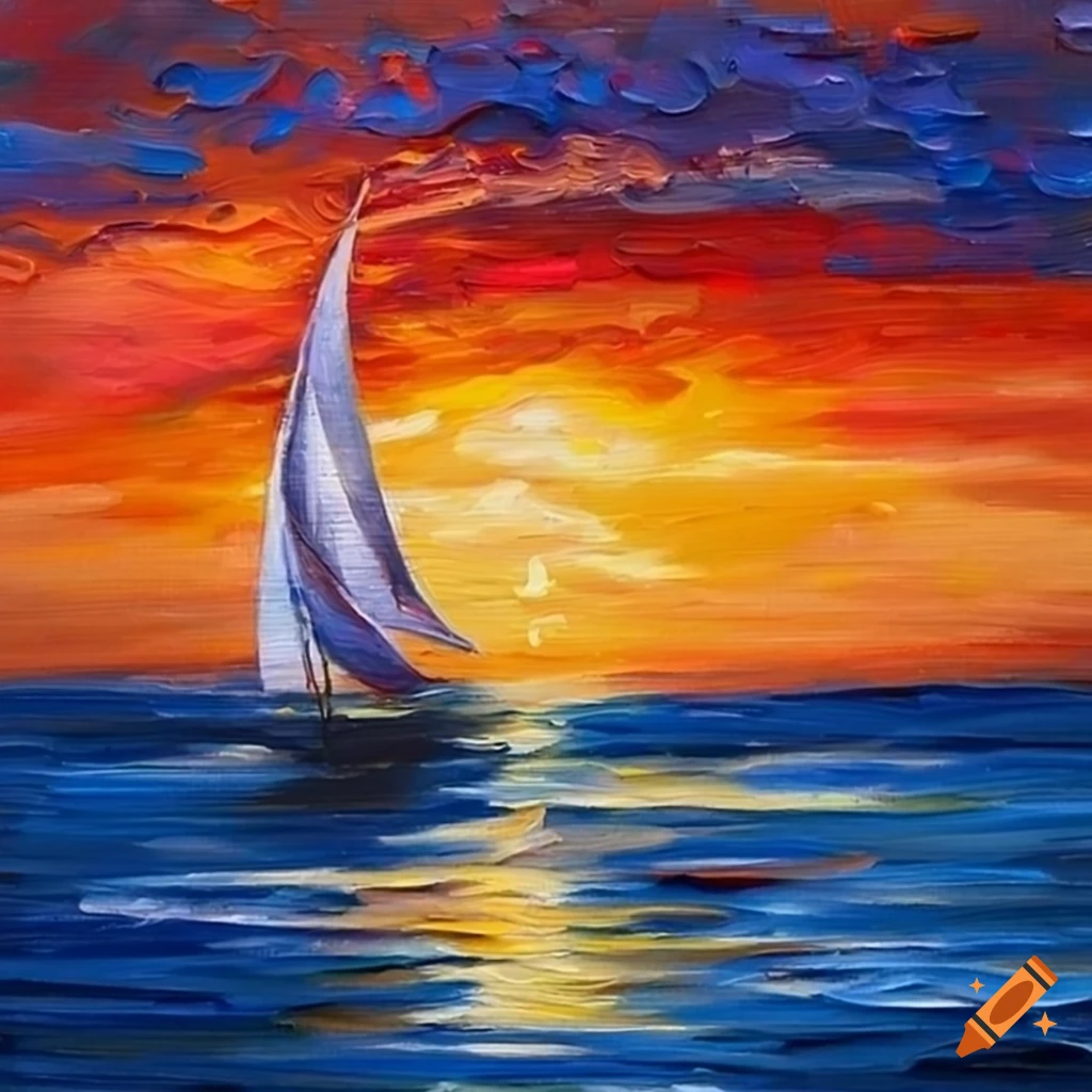 Oil painting of sunset over the ocean with sailboat on Craiyon